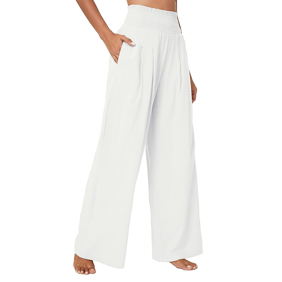 Urban CoCo Women's Elastic High Waist Light Weight Loose Casual Wide Leg Trousers Long Pants with Pocket (XL, White)