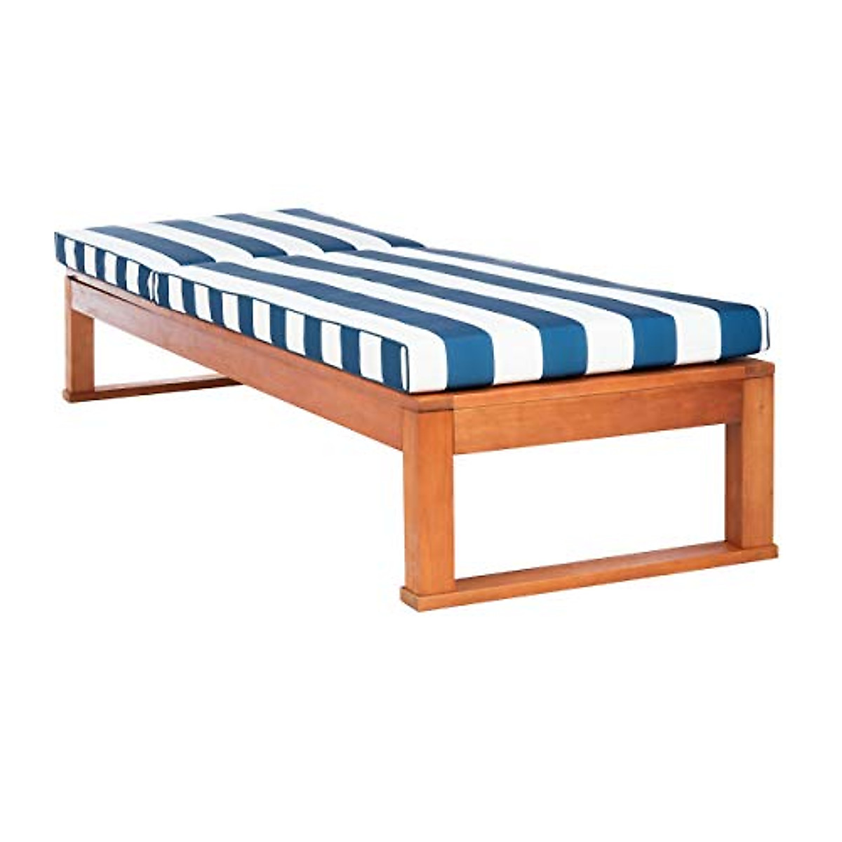 SAFAVIEH Outdoor Collection Solano Natural Wood/ Navy Stripe Cushion Patio Backyard Chaise Lounger Chair