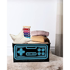 Video Game Cube Storage Organizer Bins with Handles,1PC Collapsible Canvas Cloth Fabric Storage Basket,Blue Gamer Kids Boys Gamepad Console Game Controller Kids' Toys Bin Boxes for Shelves