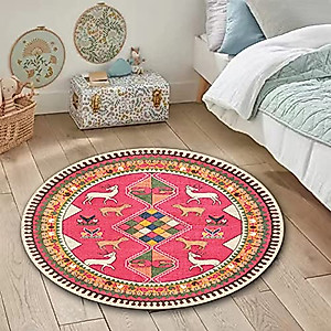Erwinmu Red Boho Persian Round  Area Rug-4 FT Diameter Non-Slip Distressed Round Rug Entryway Rug Vintage Accent Throw Oriental Low Pile Rug for Bedroom Bathroom Living Room Rug