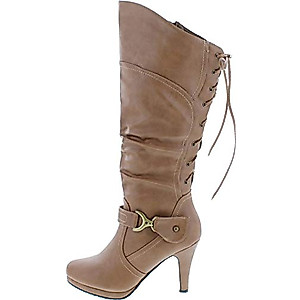 TOP Moda Womens Page-65 Knee High Round Toe Lace-Up Slouched High Heel Boots,Taupe,8.5