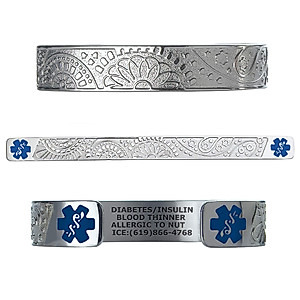Divoti Custom Engraved Medical Alert Bracelets for Women, Stainless Steel, Medical ID Bracelet w/Free Engraving - Fancy Paisley w/ 6" Cuff (fits 6.5-8.0")-Stainless/Deep Blue