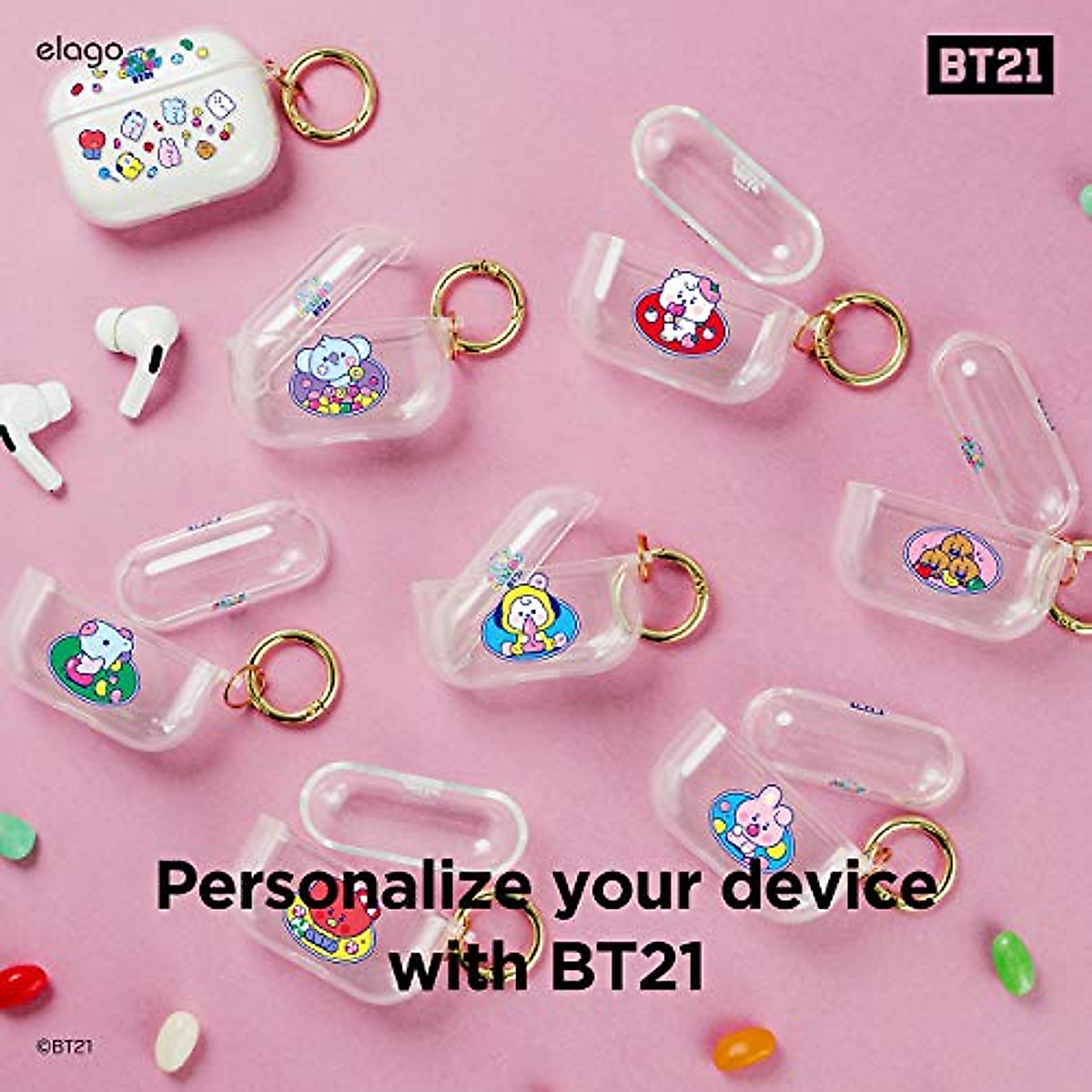 elago BT21 Case Compatible with Apple AirPods Pro Case, Clear Case with Keychain, Reduce Yellowing and Smudging, Supports Wireless Charging [Official Merchandise] [7FLAVORS]