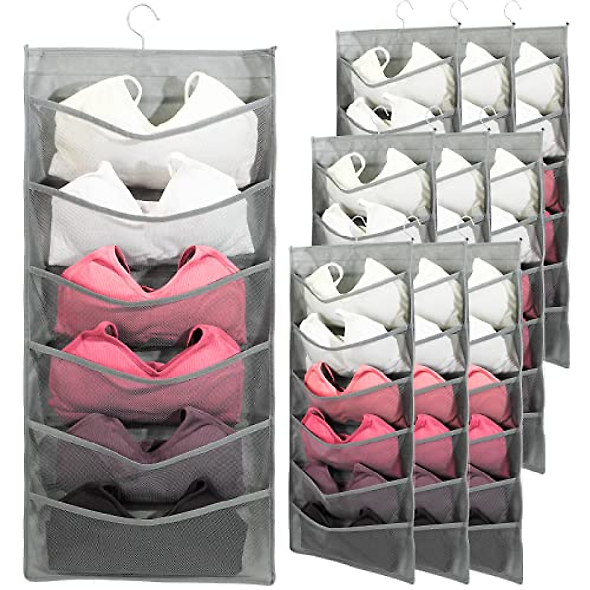 Tatuo 10 Pcs Large Hanging Socks Bra Underwear Organizer with Rotating Metal Hanger Dual Sided Closet Hanging Bra Organizer Space Saver Wall Shelf Wardrobe Mesh Pockets Hanging Storage Bag, Grey