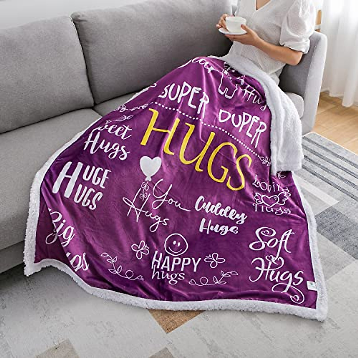 Piwaka Hug Blanket Gifts for Loved One - Cosy Sherpa Fleece Blanket in Purple | Machine Washable Plush Blankets - Heartwarming Gifts - Sentimental Gifts - Get Well Soon Gifts for Women