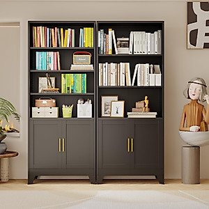 AUEYTVR Bookshelf with Doors, 75" Metal Tall Bookcase with Doors and 3 Tier Adjustable Shelves, Display Cabinet for Living Room, Bedroom, Office (Black)