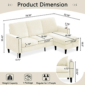 NORDICANA 3-Seat Sectional Sofa Set with Storage Chaise, L Shaped Modular Couch for Living Room, 2 Cupholders, Detachable Cover, Off White Chenille