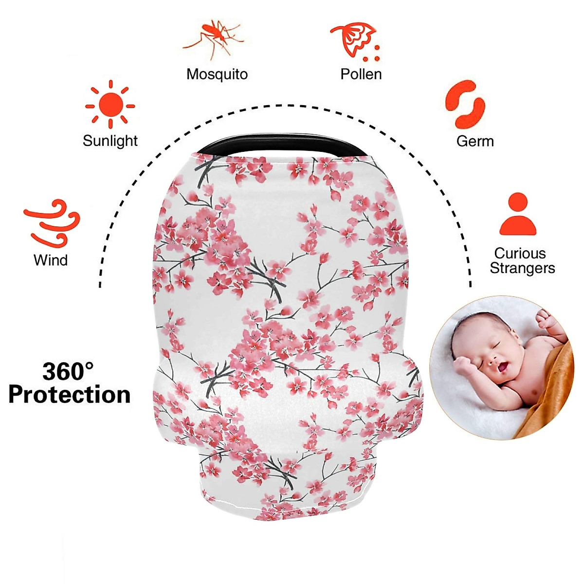 Baby Car Seat Covers Canopies for Boys Girls Branches of Cherry Blossoms Infant Stroller Cover Nursing Cover Breastfeeding Scarf Warm Windproof