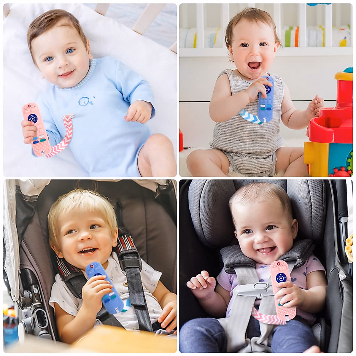 Aolso Baby Teether Toys, 2PCS Silicone Teething Toys, Remote Control Shape Teething Toys with 2PCS Pacifier Clip, Teething Relief Toys for Baby 3-24 Months, BPA-Free Baby Chew Toys(Bule&Pink)