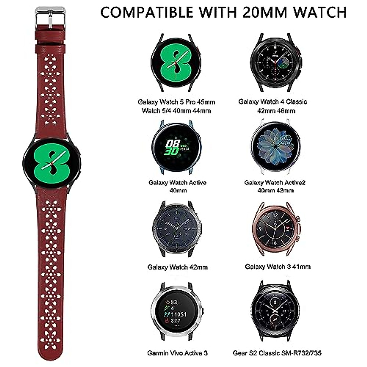 BOTNUW 20mm Soft Lace Leather Band Compatible with Samsung Galaxy Watch 6 /4 /5 40mm 44mm /Samsung Galaxy Watch 6 Classic 43mm 47mm/ Galaxy Watch 5 Pro 45mm/ Galaxy Watch 4 Classic 42mm 46mm Bands