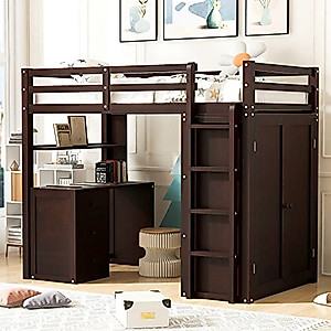Harper & Bright Designs Twin Size Loft Bed with Desk and Wardrobe, Wood Loft Bed Frame with Storage Drawers and Full-Length Guardrails, High Loft Bed for Kids Teens Boys and Girls (Espresso)