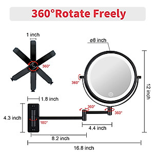 Keilefo Wall Mounted Makeup Mirror 10X Majnifying Mirror LED Light Dimmable Touch Screen, USB Charge, Extendable Double Sided Vanity Mirror 8 Inch, Black