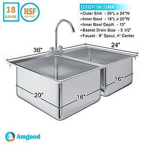 AmGood Stainless Steel Compartment Drop-in Sink. NSF (2 Bowl 16" x 20" x 10" with Faucet)