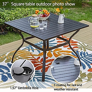 MFSTUDIO 5 Piece Metal Patio Dining Sets Outdoor Club Bistro Bar Sets with 1.57” Umbrella Hole, 4 Garden Backyard Metal Chairs and Larger Square Patio Table, Steel Slat Frame, Black …
