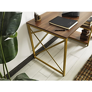 LLS Computer Desk, Work Table Writing Desk Gaming Table Workstation with 47" Wooden Top & 2 Shelves, Writing Sturdy Table Computer Desk with Gold Metal Frame for Home Office Furnish Store, Brown