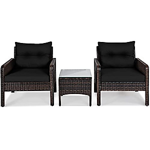 Tangkula 3 Piece Outdoor Patio Furniture Set, Wicker Chairs Set with Glass Top Coffee Table, Thick Cushions, All Weather Garden Lawn Poolside Backyard Porch Furniture Set for 2 (Black)