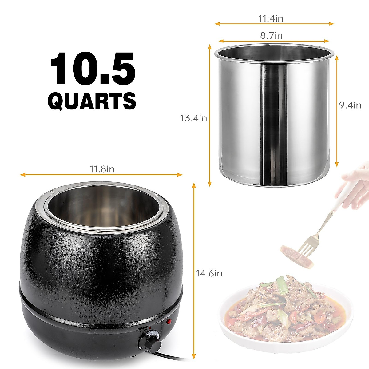 GARVEE 10.5Qts Soup Warmer Commercial Stainless Steel Insert Pot Electric [Black] Soup Kettle Warmer Temperature Control Knob for Big Family Gathering and Restaurant