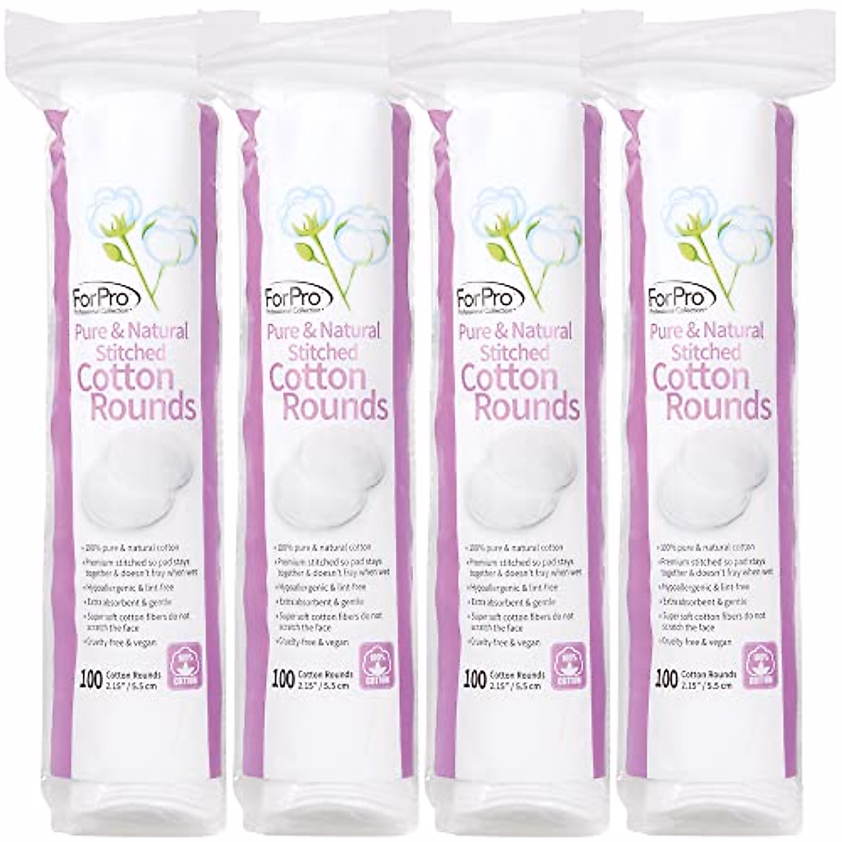 ForPro Professional Collection Pure & Natural Stitched Cotton Rounds for Face, 100% Pure Cotton Makeup Remover Pads, Hypoallergenic, Lint-Free, Vegan & Cruelty-Free, Pack of 4-100 Cotton Pads