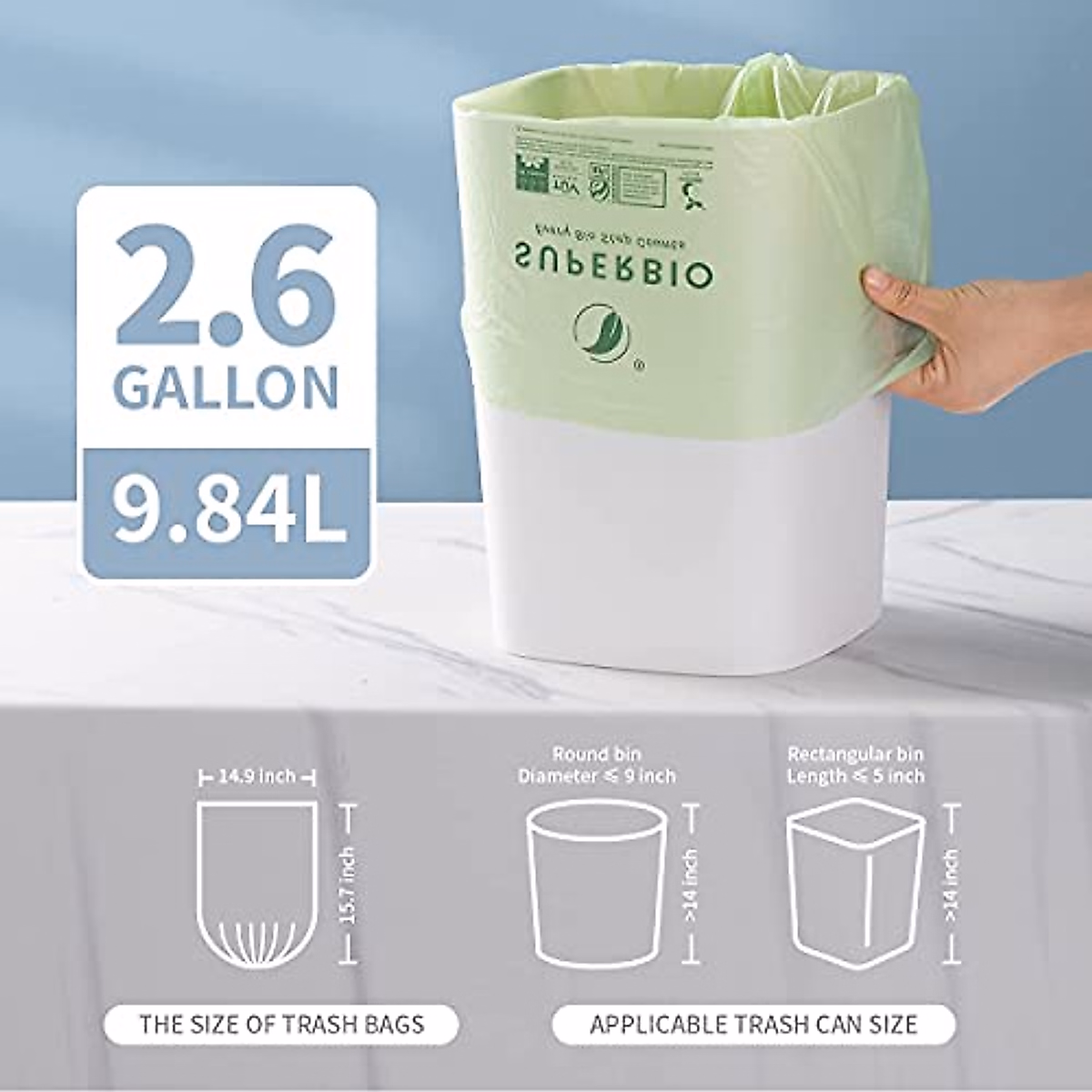 SUPERBIO 2.6 Gallon Compostable Flat Top Garbage Bags, 100 Count, 1 Pack, Small Trash Bags, Sturdy Food Scrap Bags Certified by BPI and OK Compost Meeting ASTM D6400 Standards, 9.84L