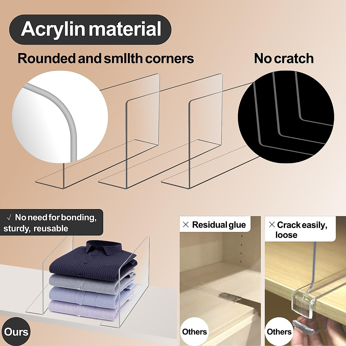 mioule 16Pack Acrylic Shelf Dividers for Closet Organization Shelves，Clear Plastic Dividers Shelf Clothes Separators in Closet for Cabinets Clothes Shelves