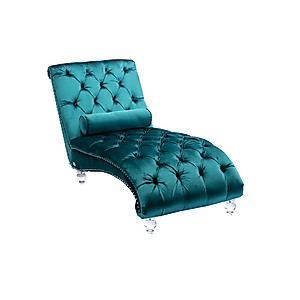 TRIPLE TREE Leisure Concubine Sofa with Acrylic Feet for Adults, Velvet Barrel Sofa with Lumbar Support Pillow, Traditional Design Chaise for Home Living Room, Bedroom, Reading Room, Office, Teal