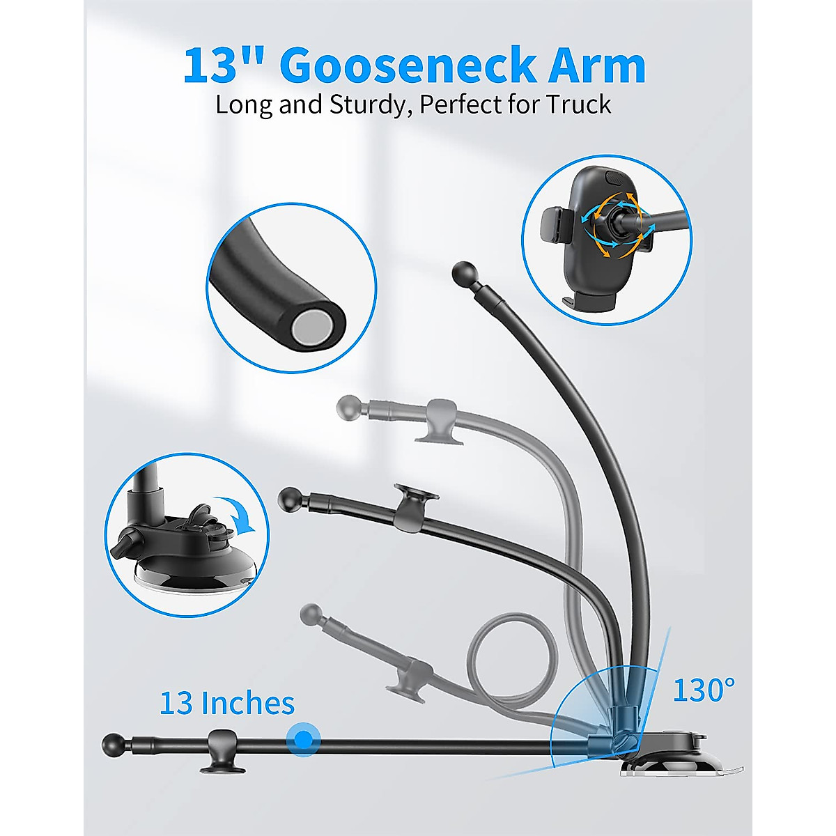 OQTIQ Suction Cup Phone Holder for Windshield/Dashboard, Phone Mount for Truck Car, 13-Inch Gooseneck Long Arm Sturdy Phone Mount with One Hand Operation, Compatible with All Phones