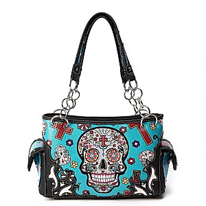 Sugar Skull Purse with Concealed Carry Pocket Day of The Dead Handbag, Teal