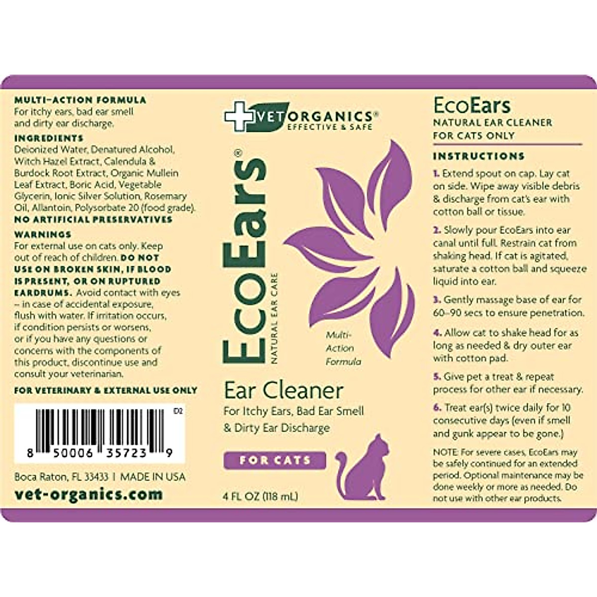 Vet Organics EcoEars Cat Ear Cleaner. Natural Multi-Action Formula. for Itch, Head Shaking, Discharge & Smell. Naturally Cleanses Away Common Problems. 100% Guaranteed (4 oz)