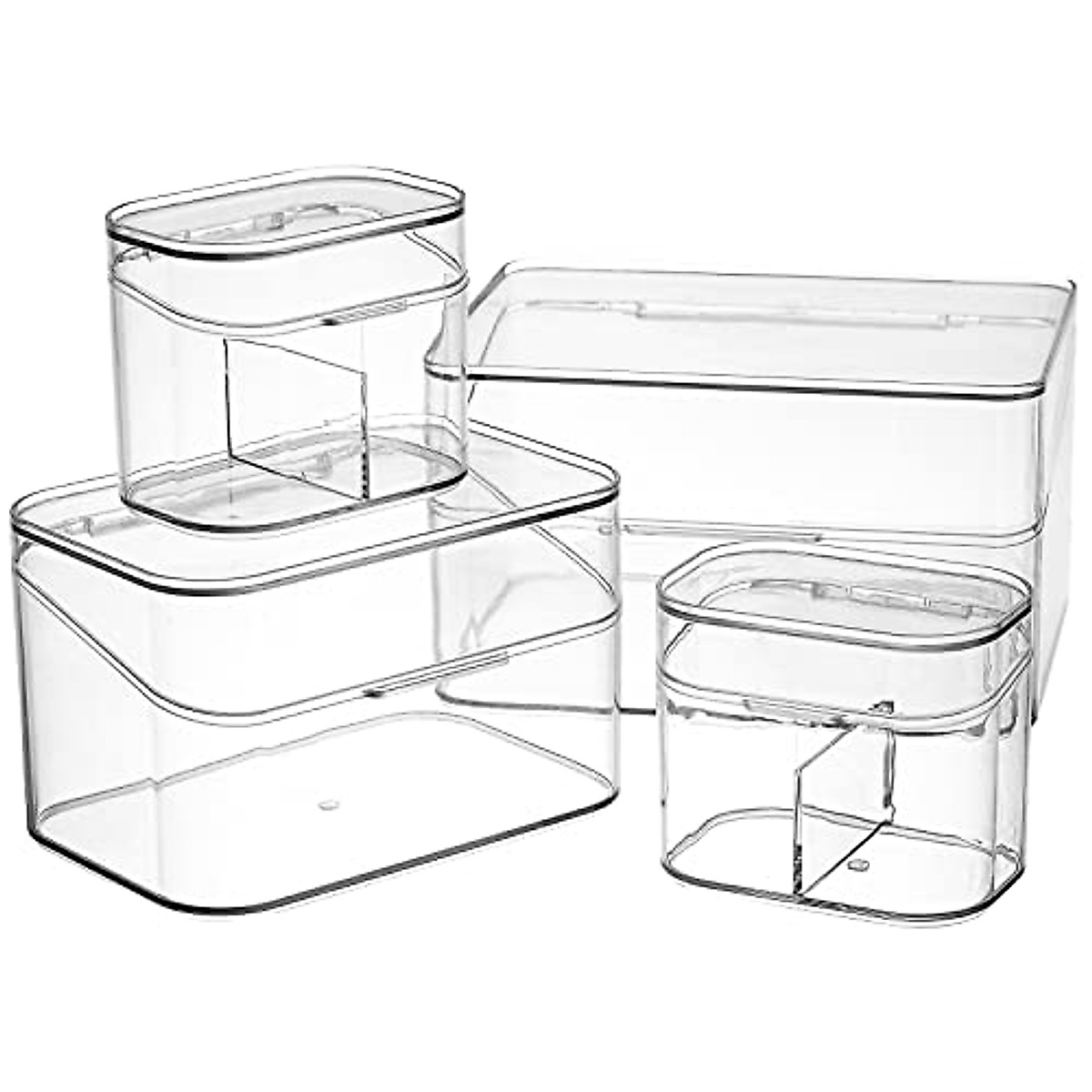 Coloch Set of 4 Makeup Storage Box with Hinged Lids, Clear Bathroom Cosmetics Organizer DustProof Cotton Swab Holder Q-Tips Dispenser, Plastic Counter Vanity Decor for Cotton Balls, Lipsticks