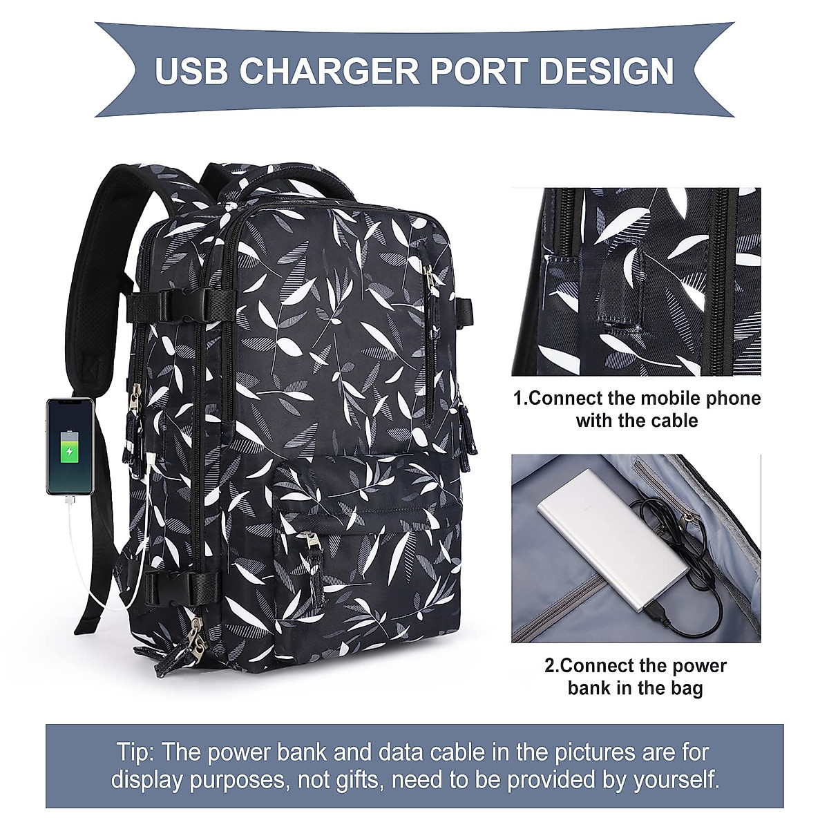 Large Travel Women Carry On Backpack,Hiking, Waterproof Outdoor Sports Rucksack Casual Daypack Fit 14 Inch Laptop with USB Charging Port Shoes Compartment, Leaves Black