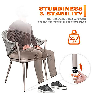 Nuu Garden Outdoor Dining Chairs Set 2, 2 Piece Bistro Dining Chairs, Rope Single Chair Set of 2 with Cushions, Coffee & Light Grey