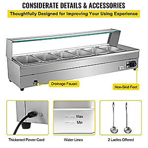110V Bain Marie Food Warmer 42 Quart, 6 Pan x 1/3 GN Commercial Steam Table with Tempered Glass Shield