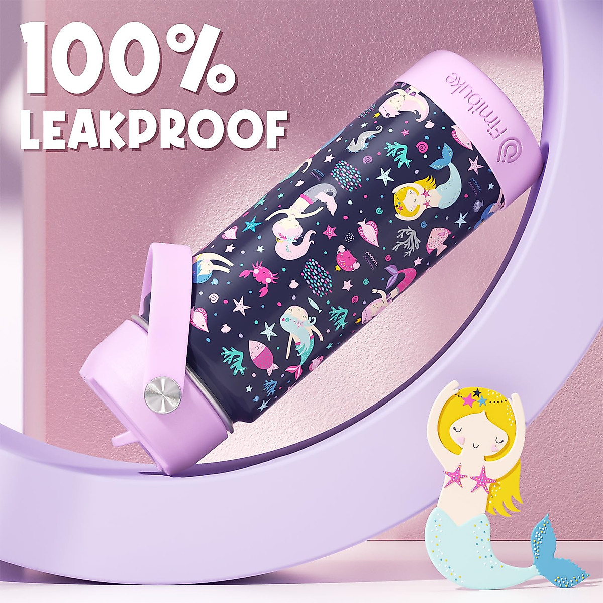 Fimibuke Kids Insulated Water Bottle, 18oz BPA FREE 18/8 Stainless Steel Kids Cup with Straw Travel Tumbler Double Wall Vacuum Leak Proof Toddler Water Bottle for School Boys Girls(1 Pack, Mermaid)