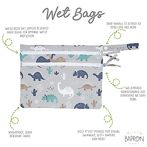 BapronBaby Desert Dinos Wet Dry Bag - Waterproof Two Zipper Pockets - Reusable for Mealtime, Diapers, Stroller, Snacks, Swimsuits - Machine Washable - 11" x 9"