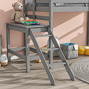 Prohon Loft Bed Twin Size with Platform & Ladder, Simple Loftbed with Large Underbed Storage Space and Full-Length Guardrails, Wooden Slat Support Loft Beds Frame, No Box Spring Needed, Grey