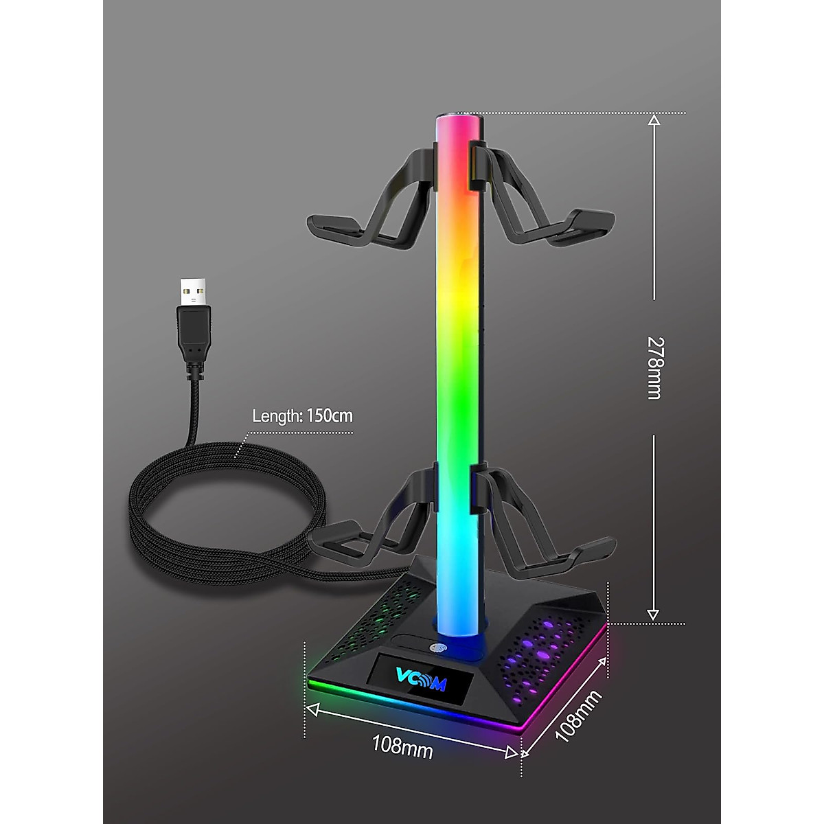 V VCOM RGB Gaming Headphones Stand with 2 USB Ports Headset Stand with 10 Light Modes and Non-Slip Rubber, Suitable for All Earphone Accessories, Best Gift for Husband, Kids, Boyfriend