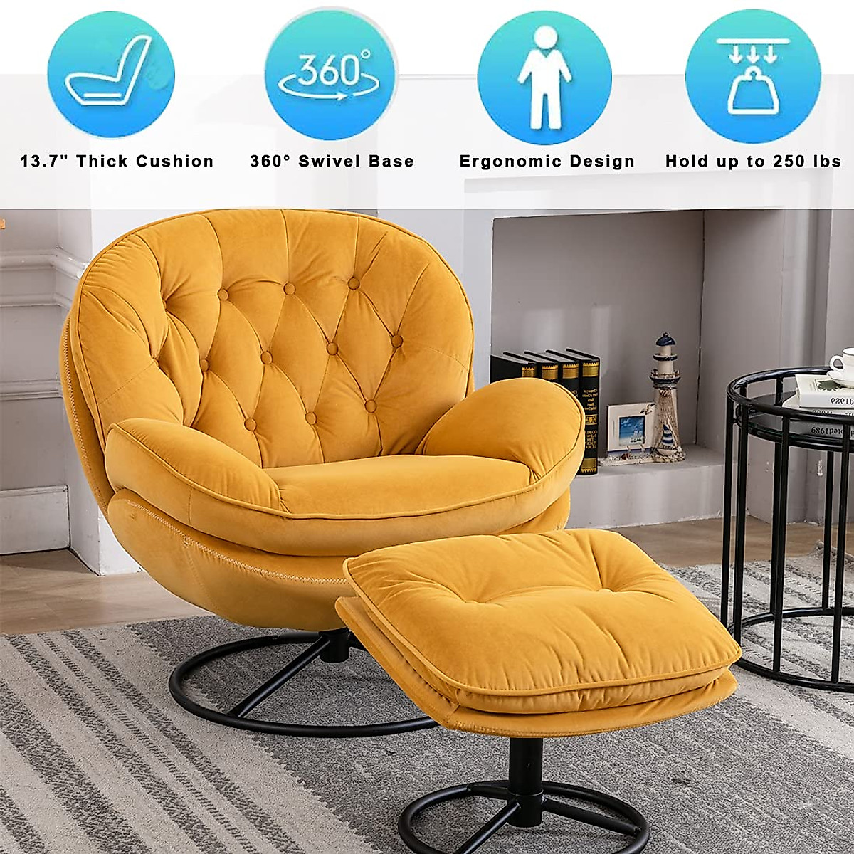 Baysitone Velvet Swivel Accent Chair with Ottoman Set, Modern Lounge Chair with Footrest, Comfy Armchair with 360 Degree Swiveling for Living Room, Bedroom, Reading Room, Home Office (Yellow)