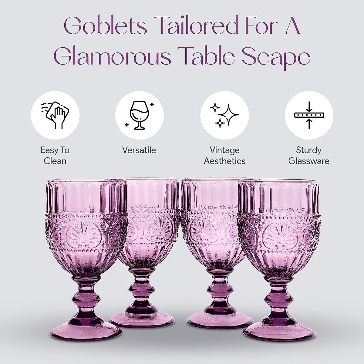 American Atelier Vintage Purple Wine Glasses | Set of 4 | Wine Goblets | Colored Vintage Style Glassware | Dishwasher Safe | Purple | 12-Ounce Capacity