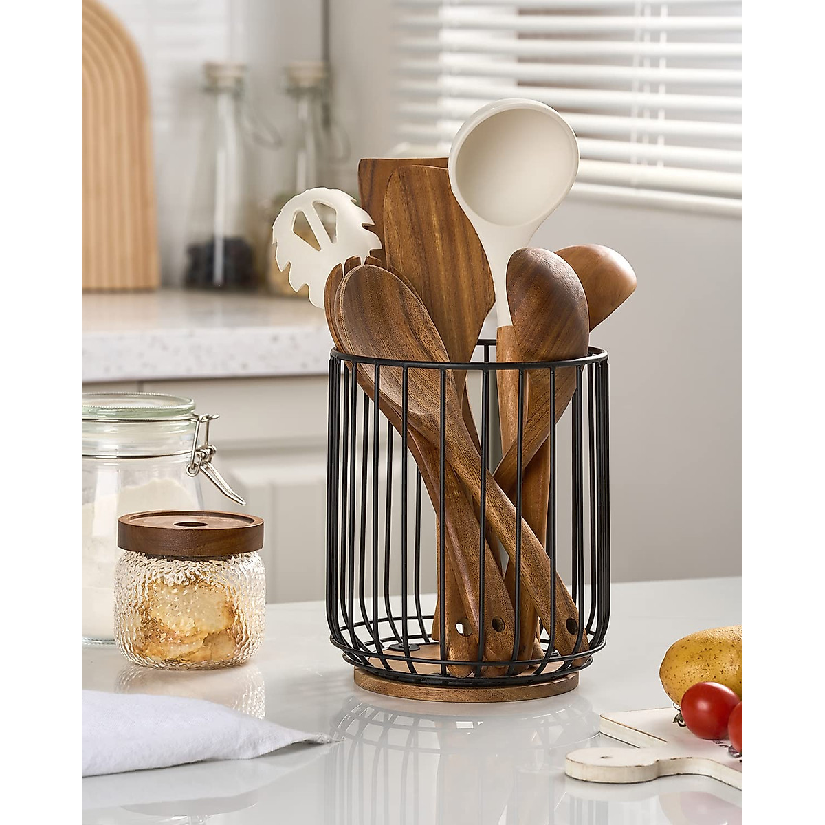 getstar Kitchen Utensil Holder, Large Wire Utensil Holder for Kitchen Counter (W6.2” x H7.5”) with Acacia Base