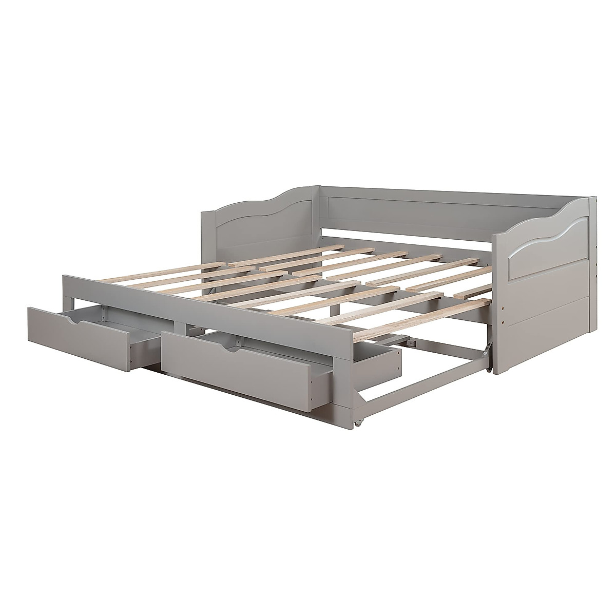 RUNWON Twin to King Size Wooden Daybed with Put-Out Trundle Bed and Storage Drawers,Versatile and Expandable Bed Frame for Kids Adults