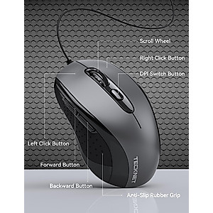 TECKNET Computer Wired Mouse, USB Mouse Wired for Laptop with 6-Button, 3600DPI Optical PC Wired Mouse, Home and Office 5FT USB-A Corded Comfortable Mouse, Plug & Play, NO Battery Required-Grey