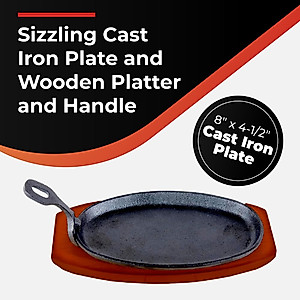 Cast Iron Steak or Fajita Plate 8 x 4 1/2 inside dimension w/ Wooden Holder and Handle