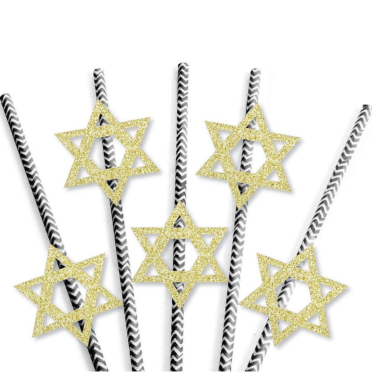 Gold Glitter Star of David Party Straws - No-Mess Real Gold Glitter Cut-Outs & Decorative Hanukkah Paper Straws - Set of 24
