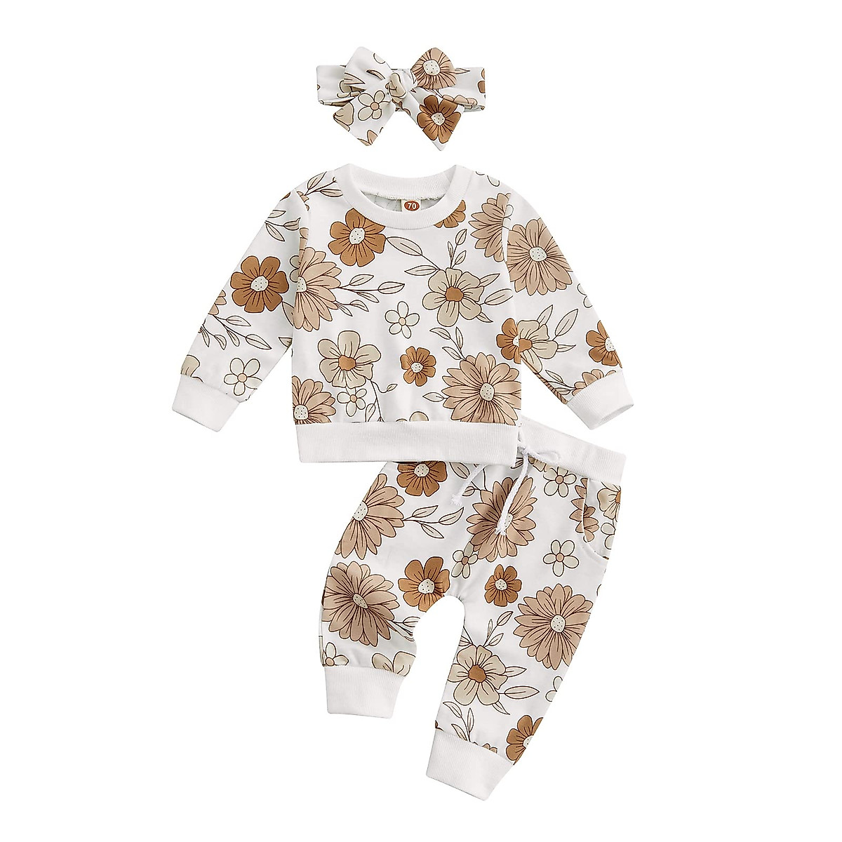 3Pcs Baby Girl Outfits Floral Sweatshirt + Pants + Headband Infant Fall Winter Clothes White 18-24 Months