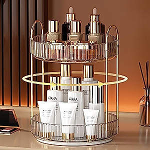 YCIA&DONE 360 Rotating Makeup Organizer and Storage for Vanity Countertop 2 Tiers, High Capacity Cosmetic Skincare Perfume Organizer for Dresser Bathroom Lazy Susan Organizers(Clear White)