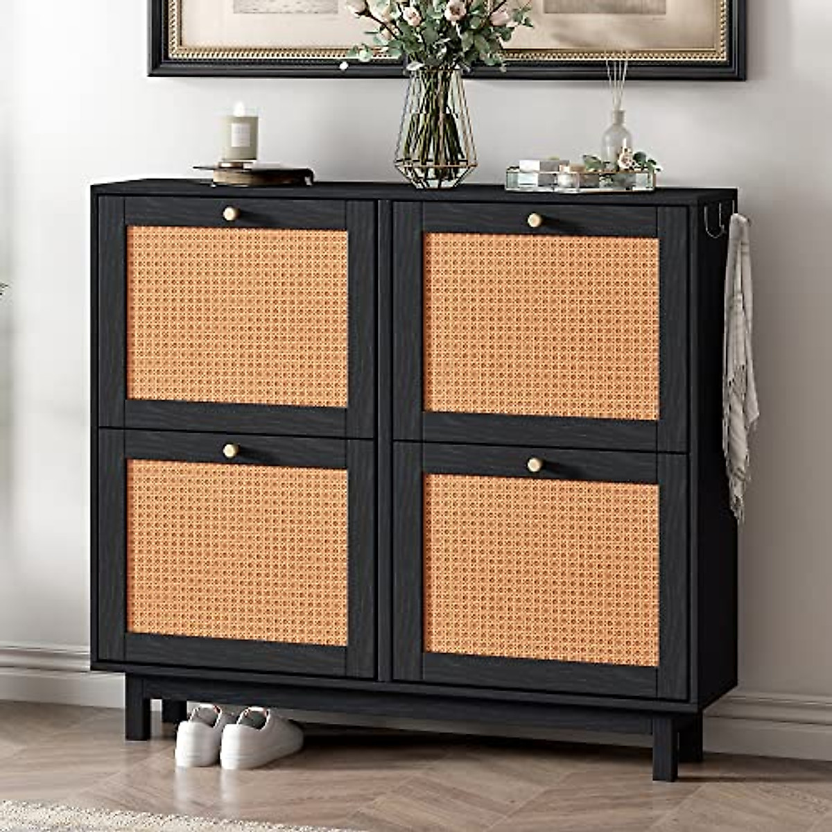 Merax Rattan Free Standing Shoe Rack with 4 Flip Drawers, Modern 2-Tier Storage Cabinet with Large Space for Entrance Hallway, Boho Style, Black