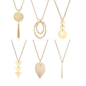Fesciory 6 PCS Long Pendant Necklace for Women, Gold Bar Circle Leaf Triangle Tassel Y Necklace Set(Set 2)