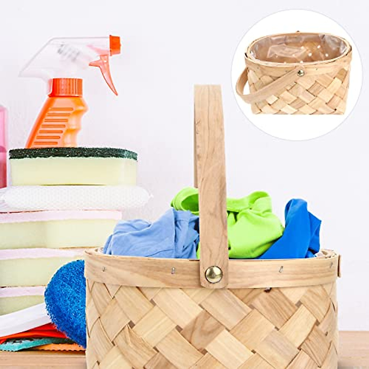 VICASKY Portable Basket Handmade Rattan Storage Basket Container Houseware Storage Basket Wooden Woven Storage Case with Handle (Small)