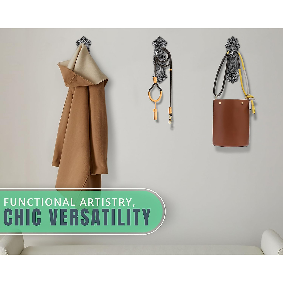 Shabby Chic Cast Iron Decorative Wall Mounted Hooks – Silver w/Black - Door Knob Coat Hooks for Wall - Set of 3 - Screws and Anchors Included - Antique Wall Hooks for Hanging Clothes