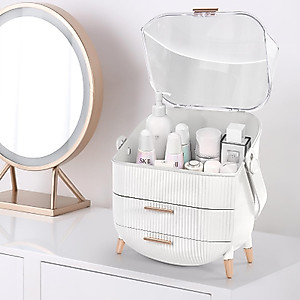 IGDMM Preppy Makeup Organizers,Skincare Organizer for College Students,Portable Cosmetic Organizer Makeup Caddy for Dorm,Bathroom,Dresser Cosmetic Storage Box. (WHITE)